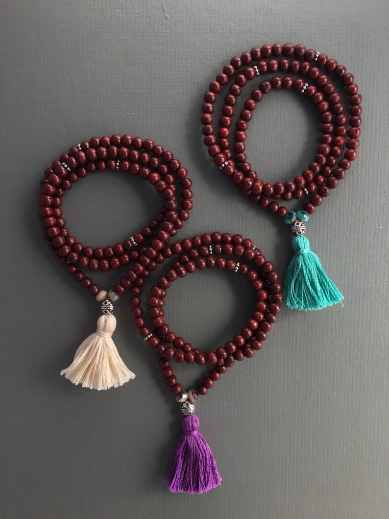 Stretch 108 Bead Mala Bracelet With Tassel, Yoga Jewelry, Wood Bracelet ...