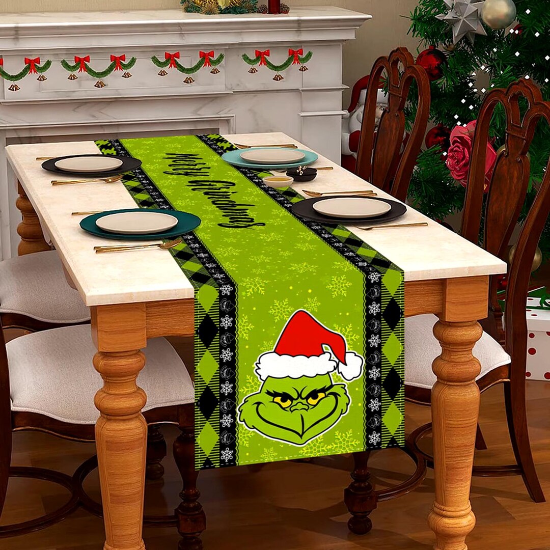 Linen Green Grinch Christmas Table Runner Holiday Table Decor, Festive Tablecloth for Dining ...