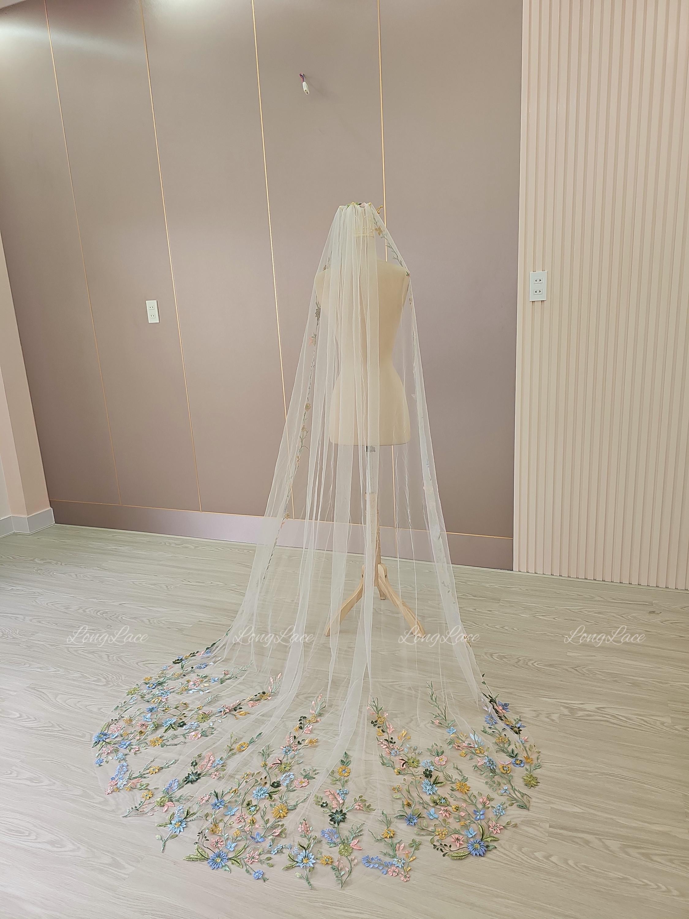Extra Long Wedding Veil With Colorful Floral Embroidery, Soft Tulle ...