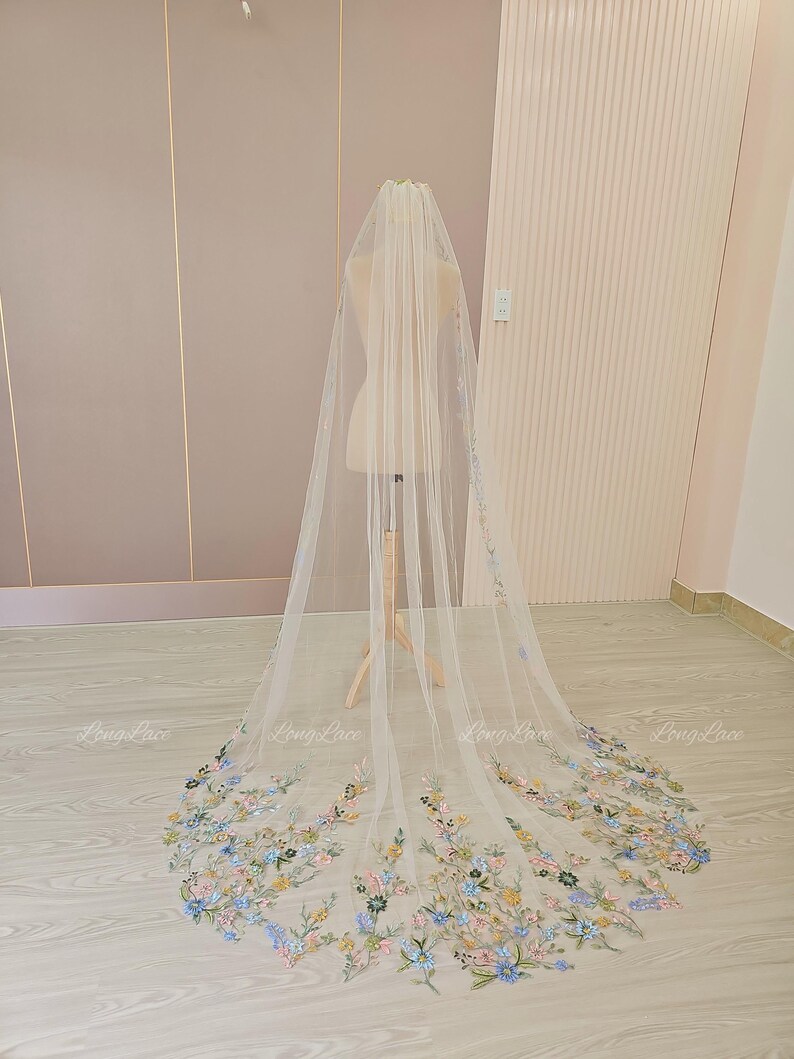 Extra Long Wedding Veil With Colorful Floral Embroidery, Soft Tulle ...