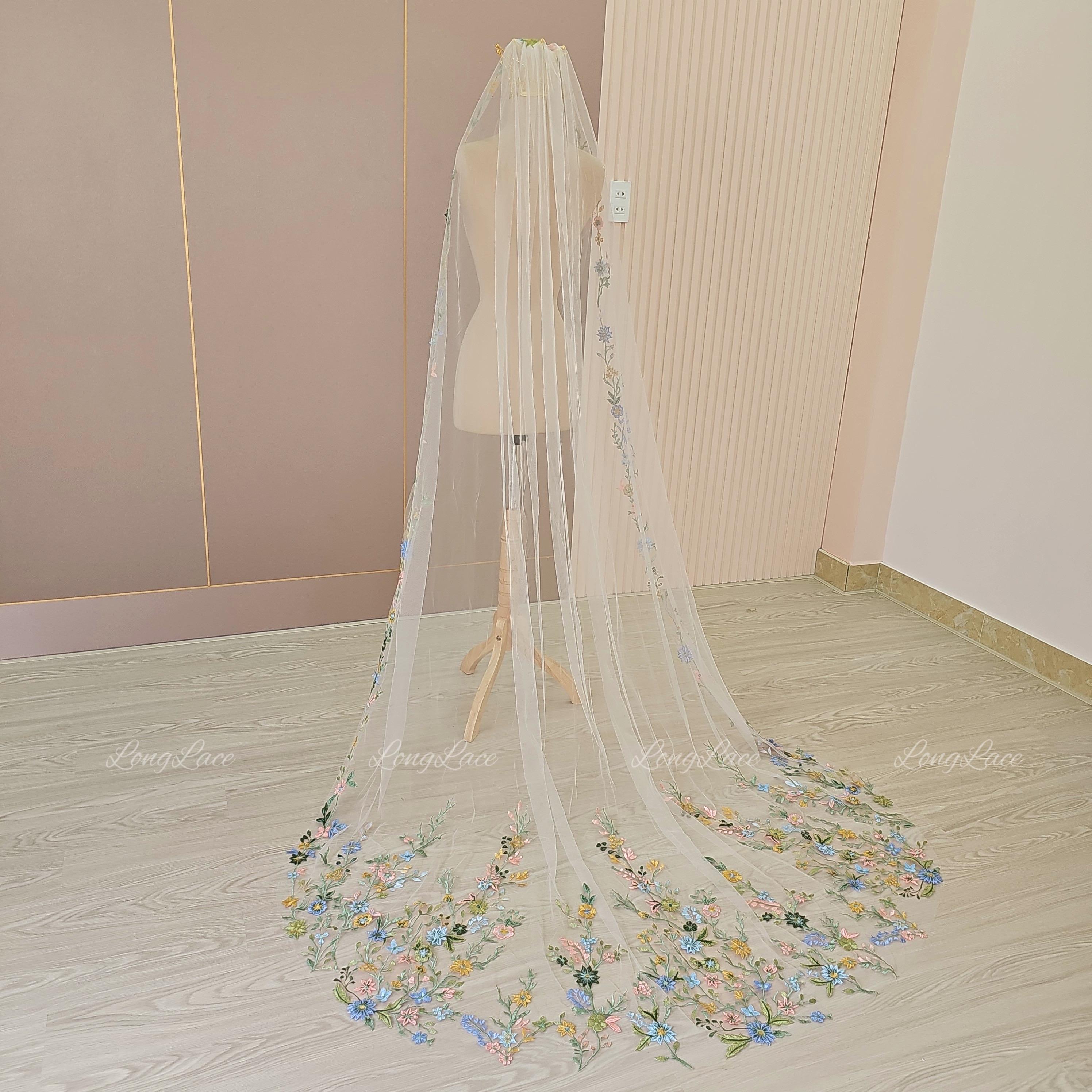 Extra Long Wedding Veil With Colorful Floral Embroidery, Soft Tulle ...