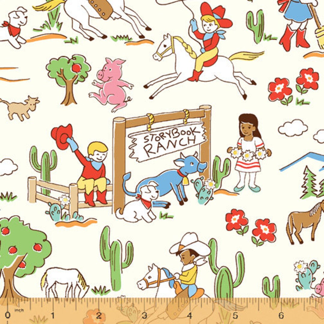 FABRIC Storybook RANCH Kids Way Out WEST Cowboys and Indians Main Print ...