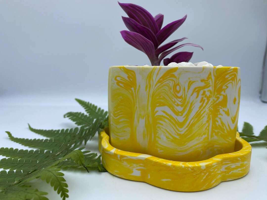 Yellow Marbled Jesmonite Planter: Small Indoor Plant Pot - Etsy