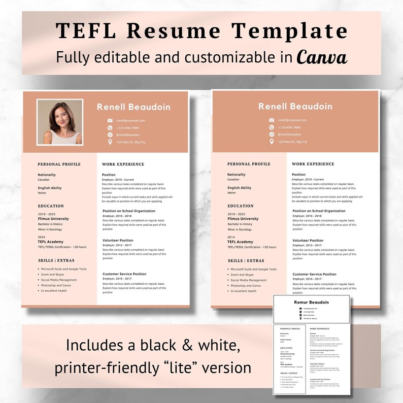 TEFL Resume Template Canva, Teaching Resume Template, Teacher Resume ...
