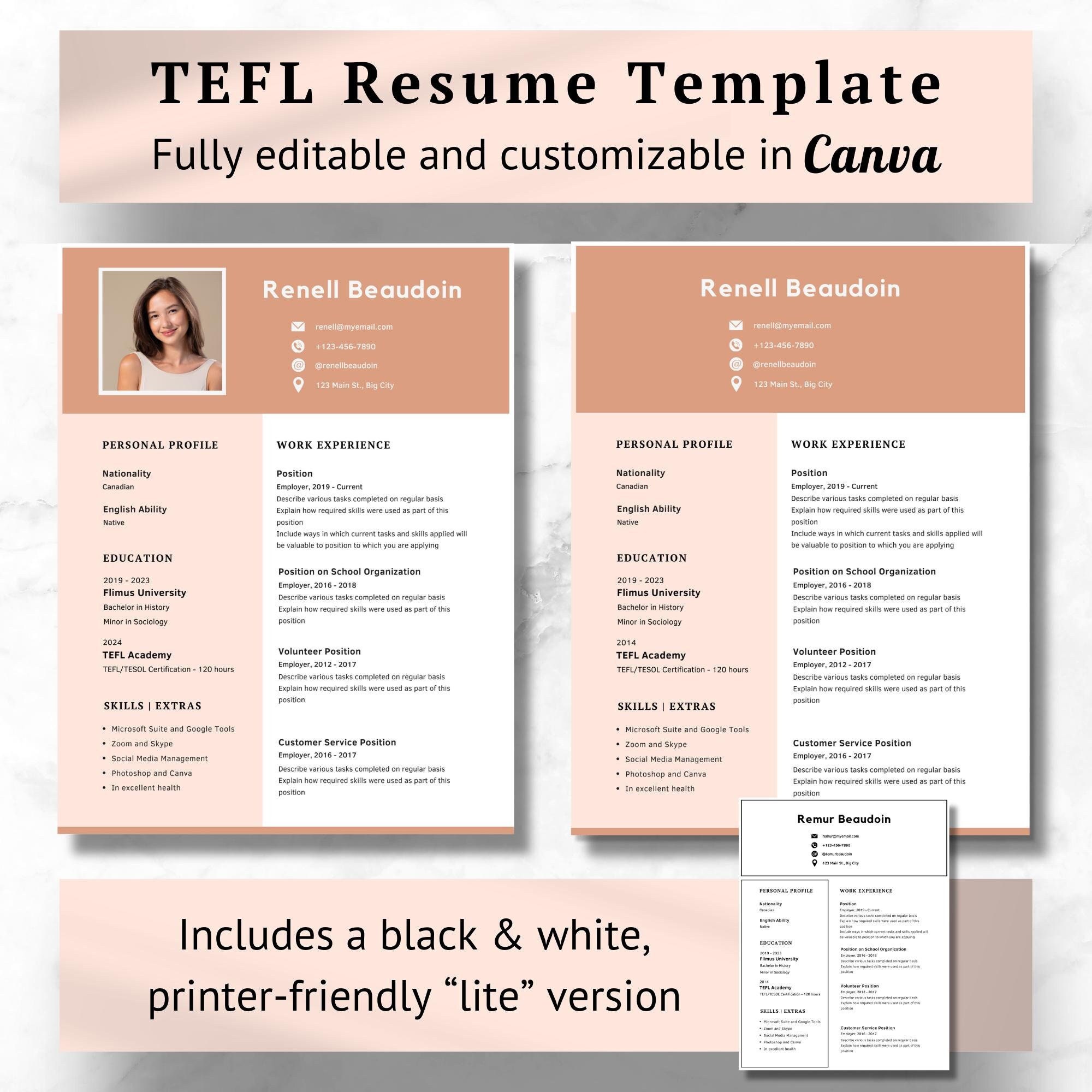 TEFL Resume Template Canva, Teaching Resume Template, Teacher Resume ...