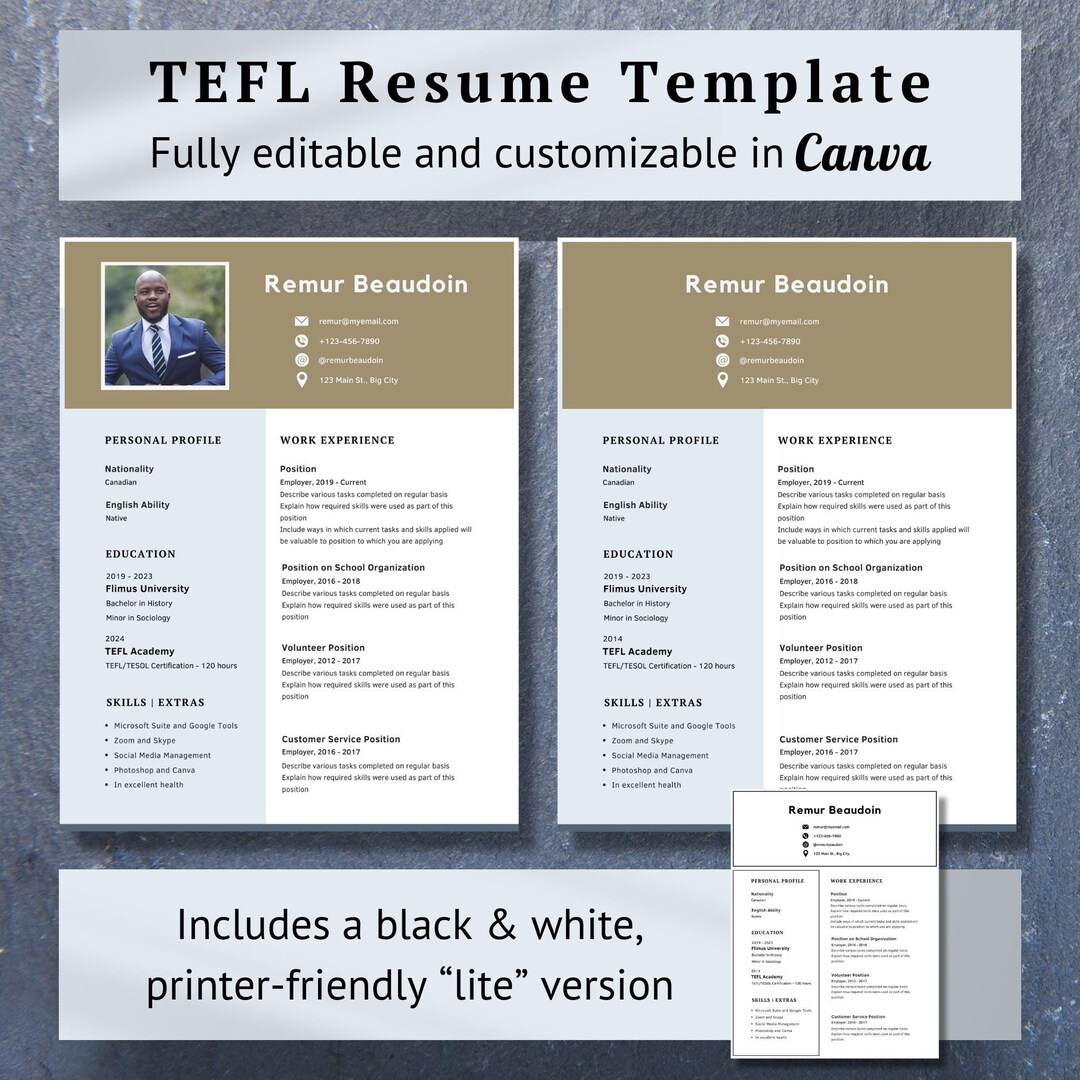 TEFL Resume Template Canva, Teaching Resume Template, Teacher Resume ...