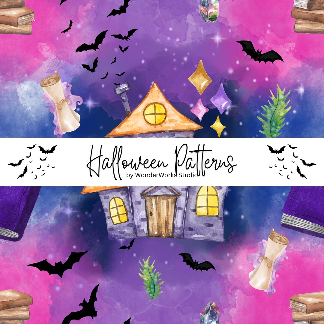 10 Watercolor Halloween Seamless Pattern Spooky Houses Ghosts Jack O ...