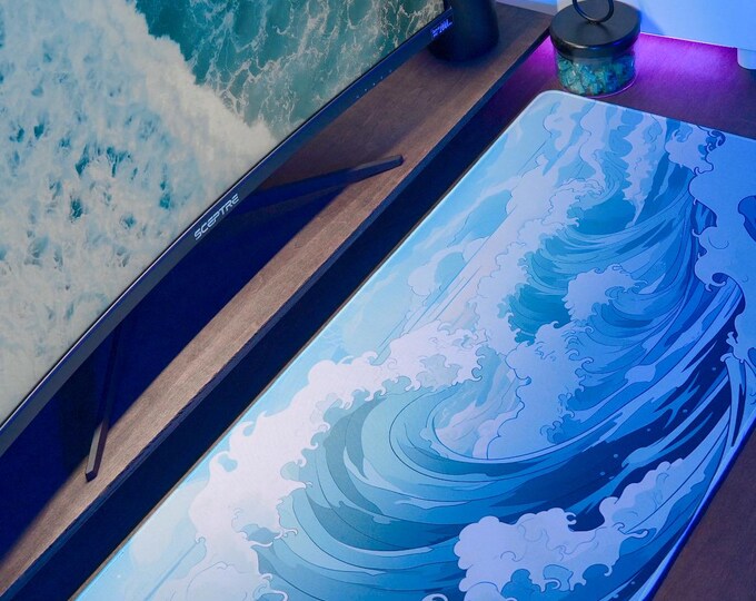 Ocean Wave Deskmat | Large Blue Rubber Mousepad for Gaming and Desk ...