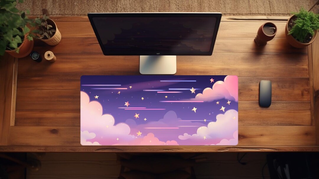 Purple Space Deskmat - Large Aesthetic Pink Starry Sky Mousepad for ...
