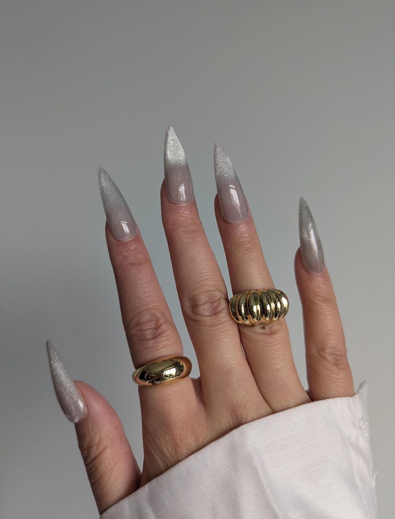 Silver Cateye Effect Nails With Glitters Gray Ombre Nails Custom Press ...