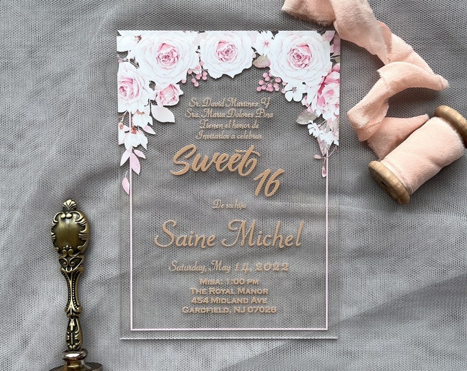 Floral Acrylic Quinceanera Invitations, Pearlescent Pink Half Envelope ...