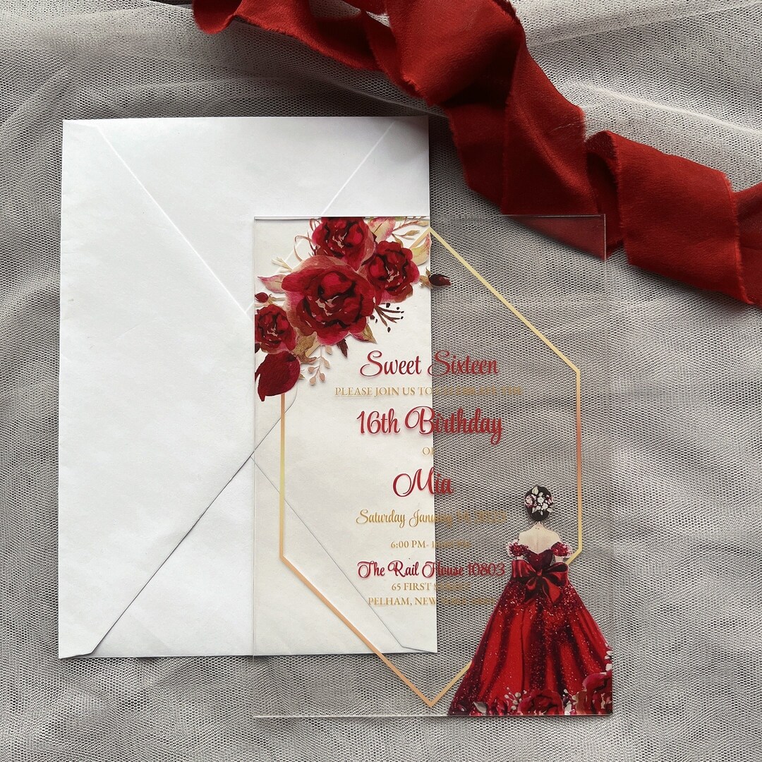 Acrylic Invitation Red Dress Sweet 16 Invitation, Gold Border ...