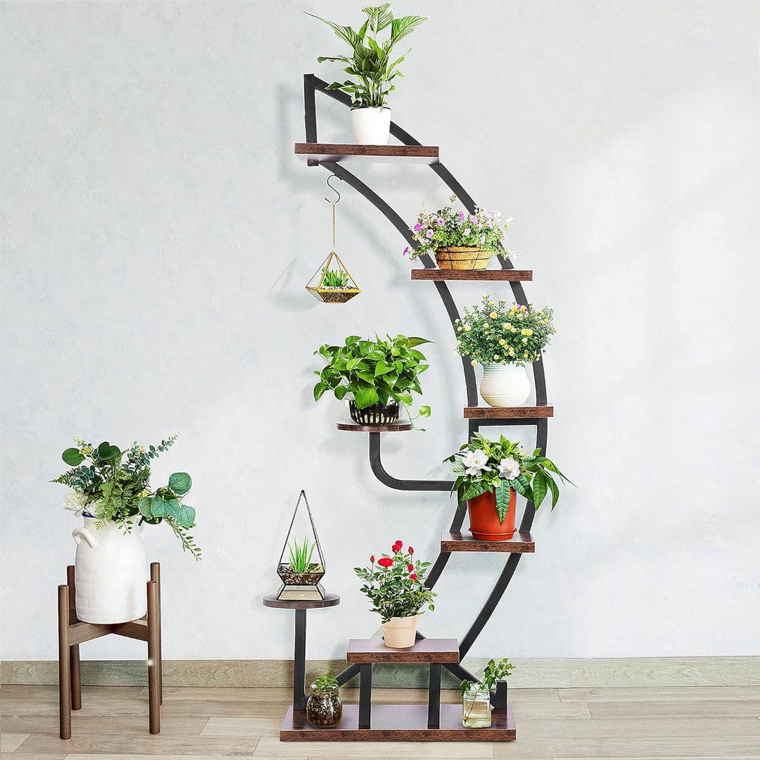6 Tier 9 Potted Steel-wood Plant Stand With Hanger, Curved Flower Pot ...