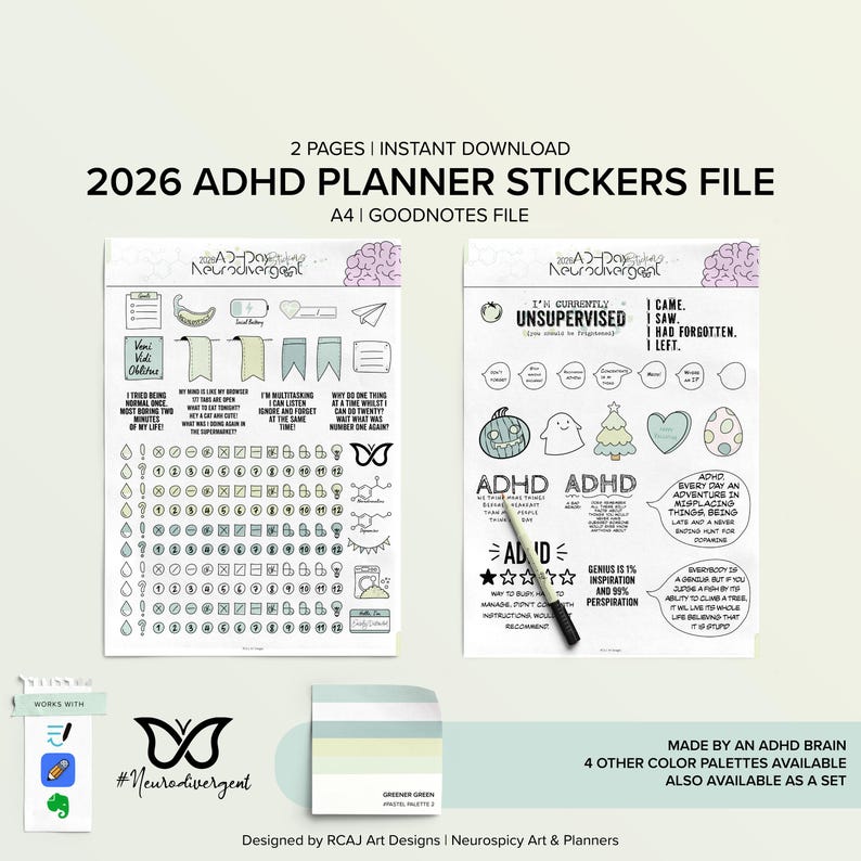 2026 ADHD Digital Goodnotes Stickers File Pre-organized Green Colors - Etsy