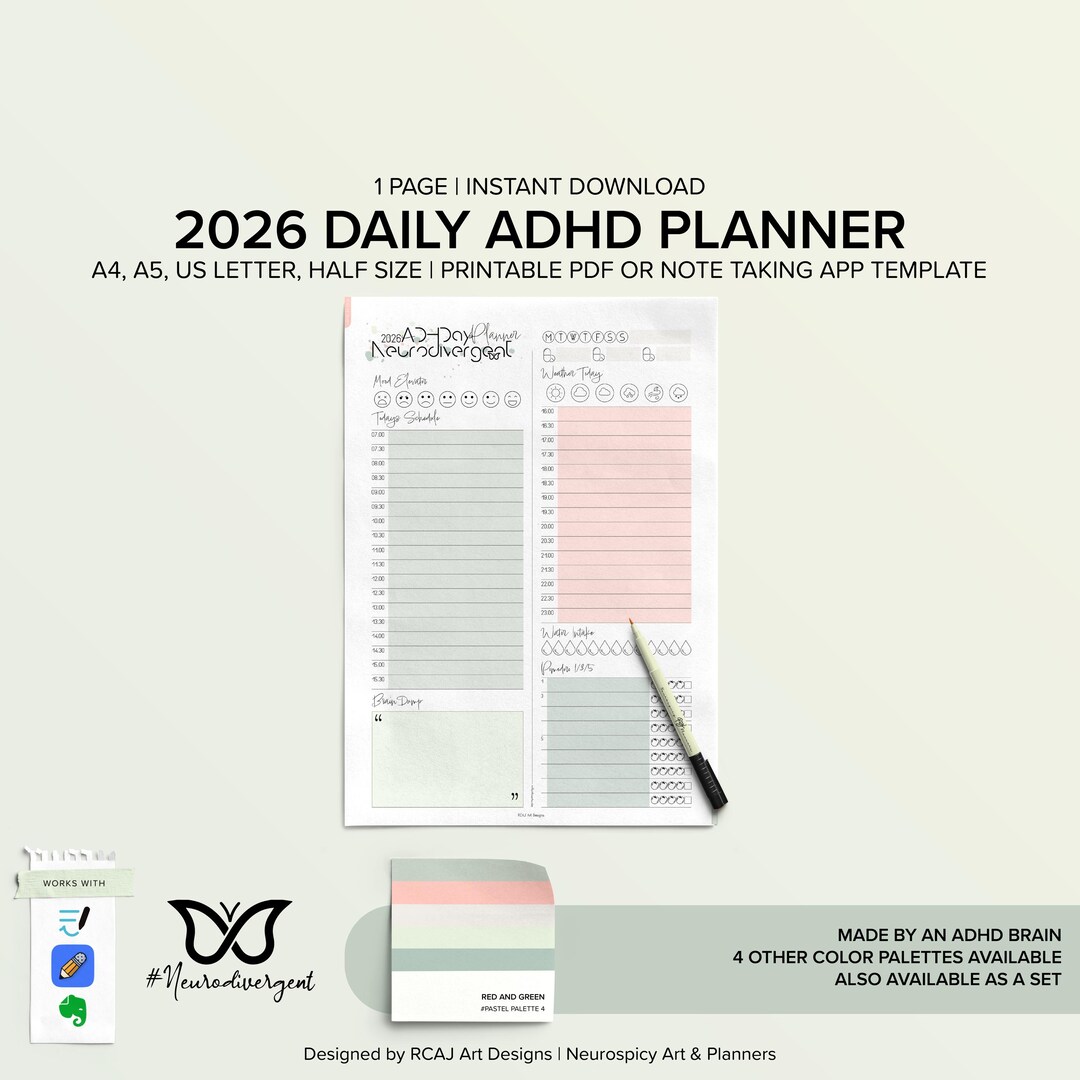 2026 Daily ADHD Digital Habit Tracker (a4/a5/letter/half Size) Red ...