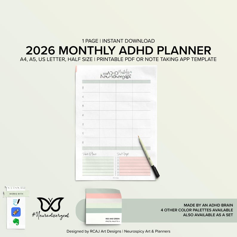 2026 Monthly ADHD Digital Habit Tracker (a4/a5/letter/half Size) Red ...