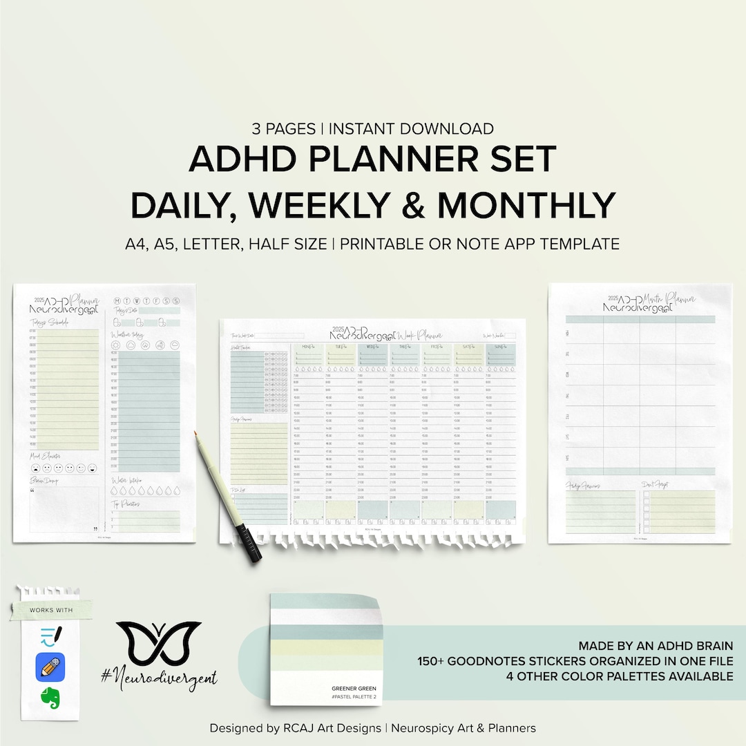 ADHD Printable Plan: Daily, Weekly and Monthly Planner Set, Goodnotes ...