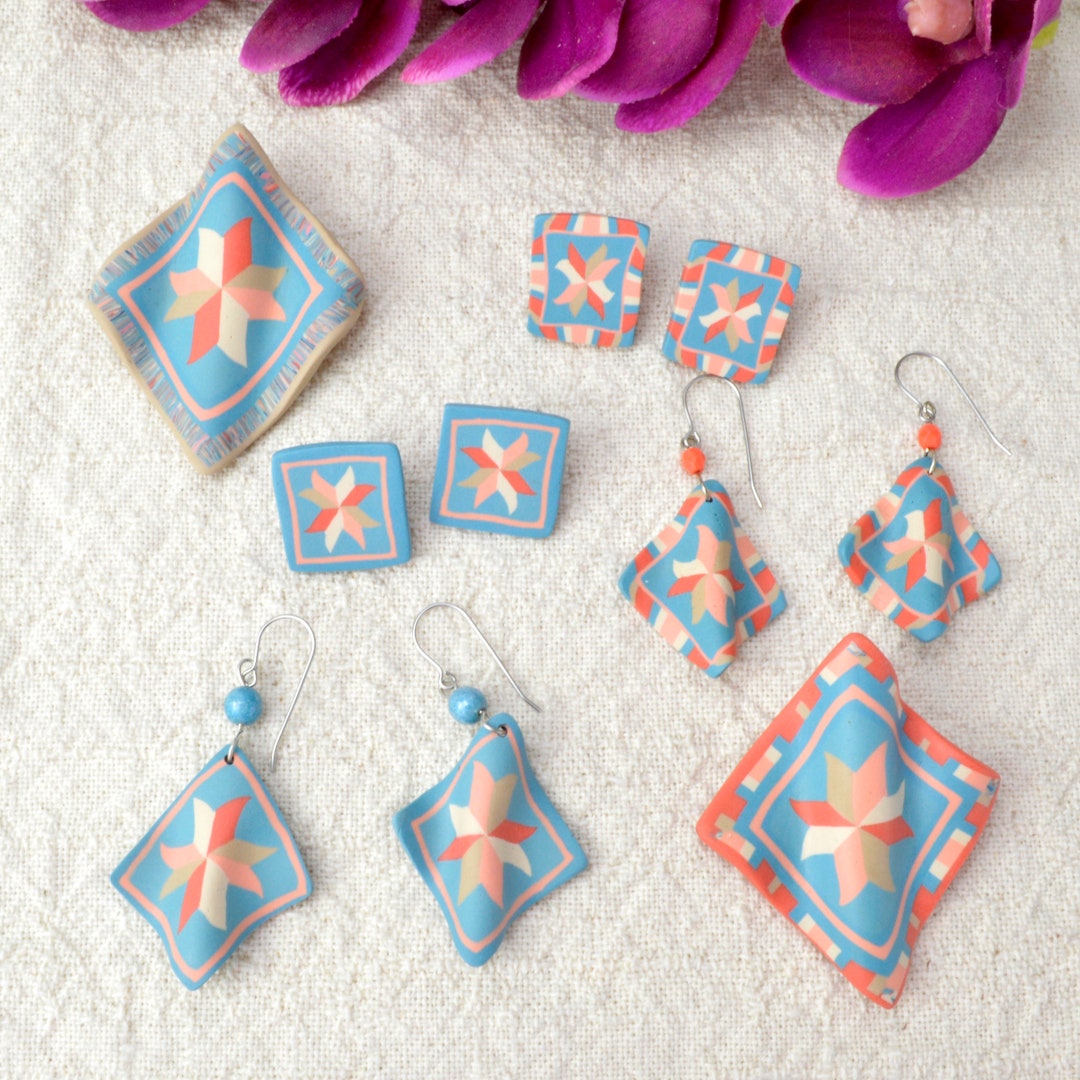 Quilt Jewelry - Blue & Coral Star - Post Earrings - Polymer Clay ...