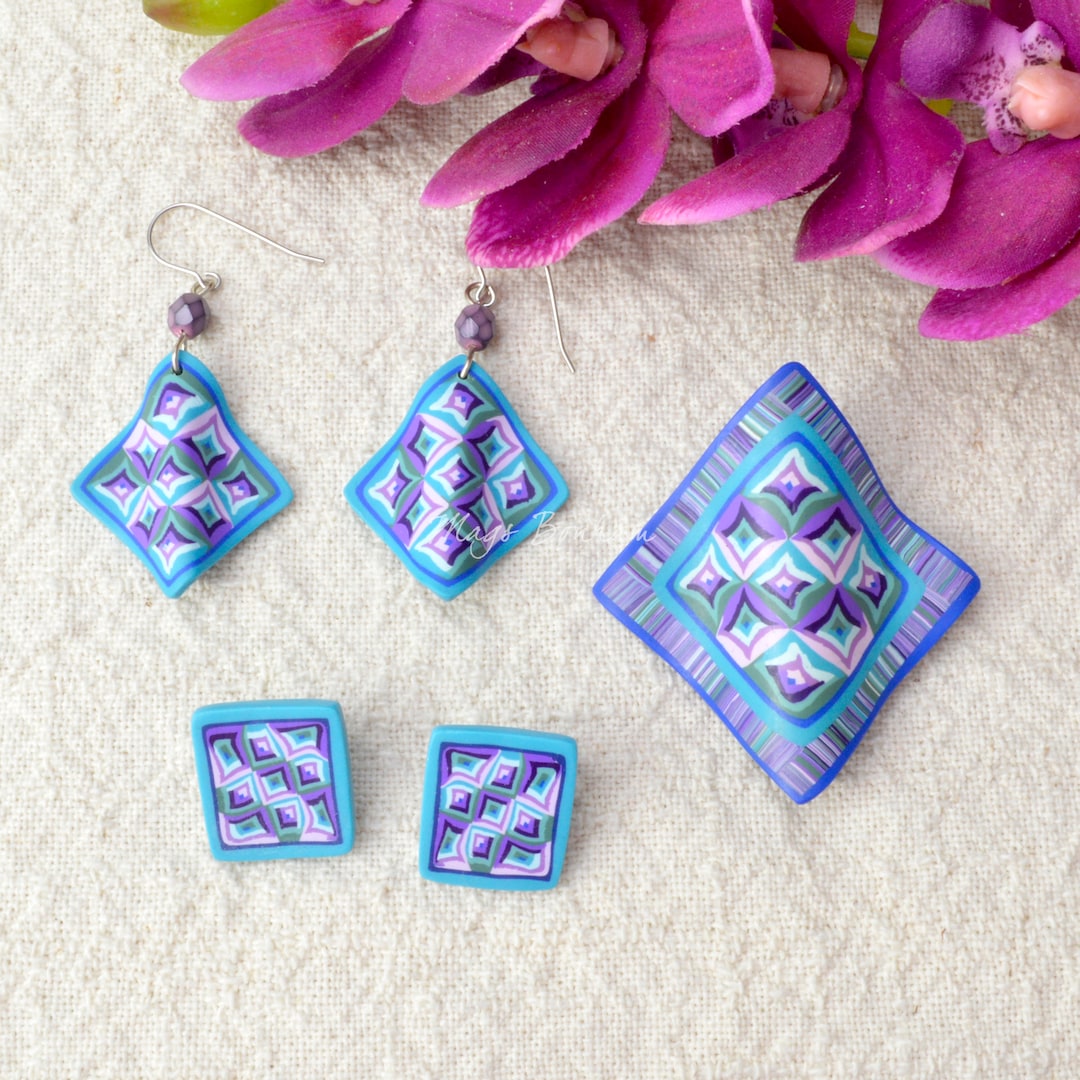 Quilt Jewelry -purple Log Cabin - Quilt Squares Earrings - Polymer Clay ...