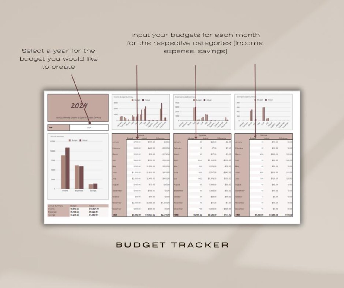 Minimalist Income, Expense, & Savings Tracker | Monthly and Yearly ...