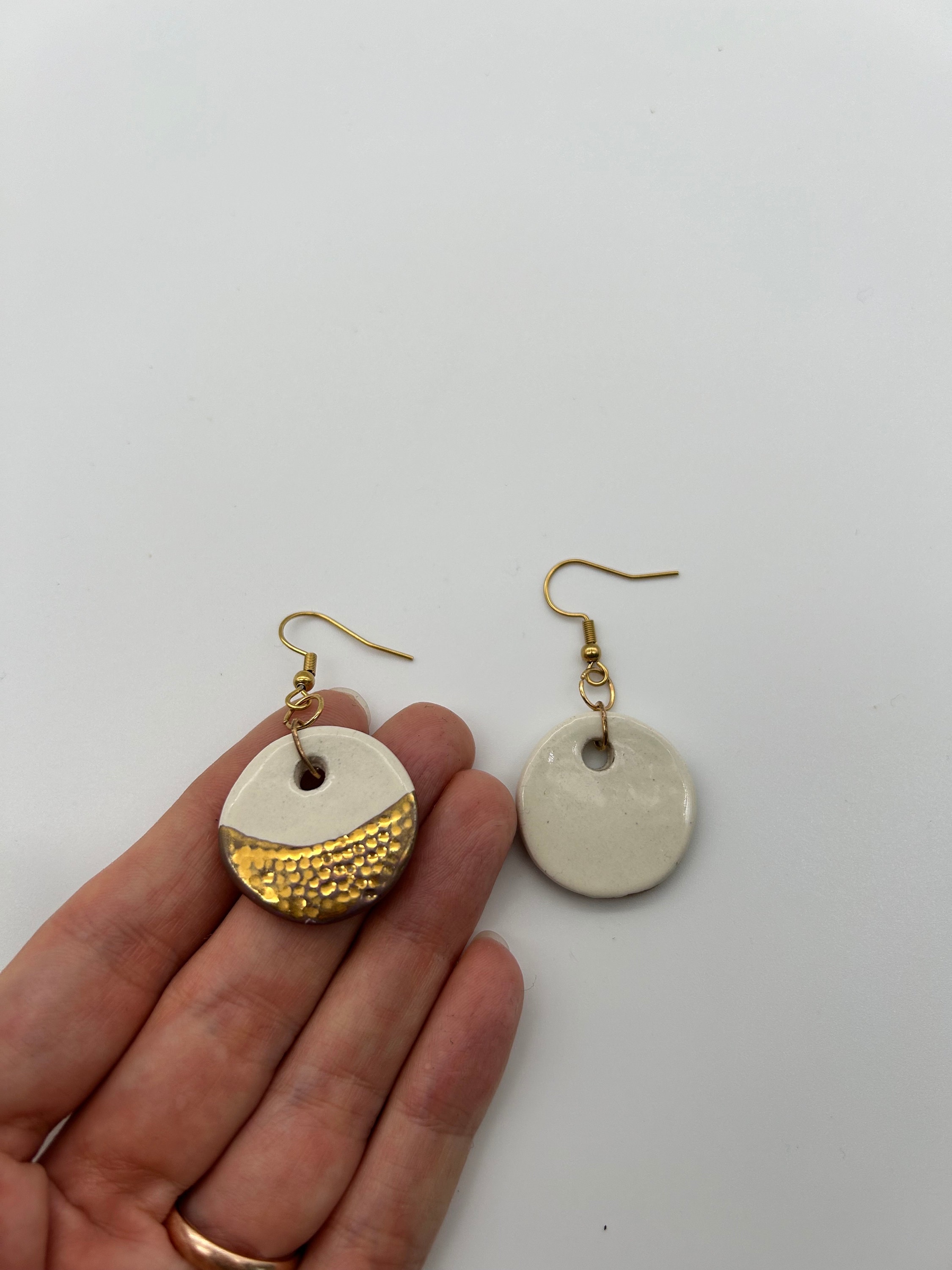 White and Gold Handmade Ceramic Earrings, Real Gold Details, Handmade ...