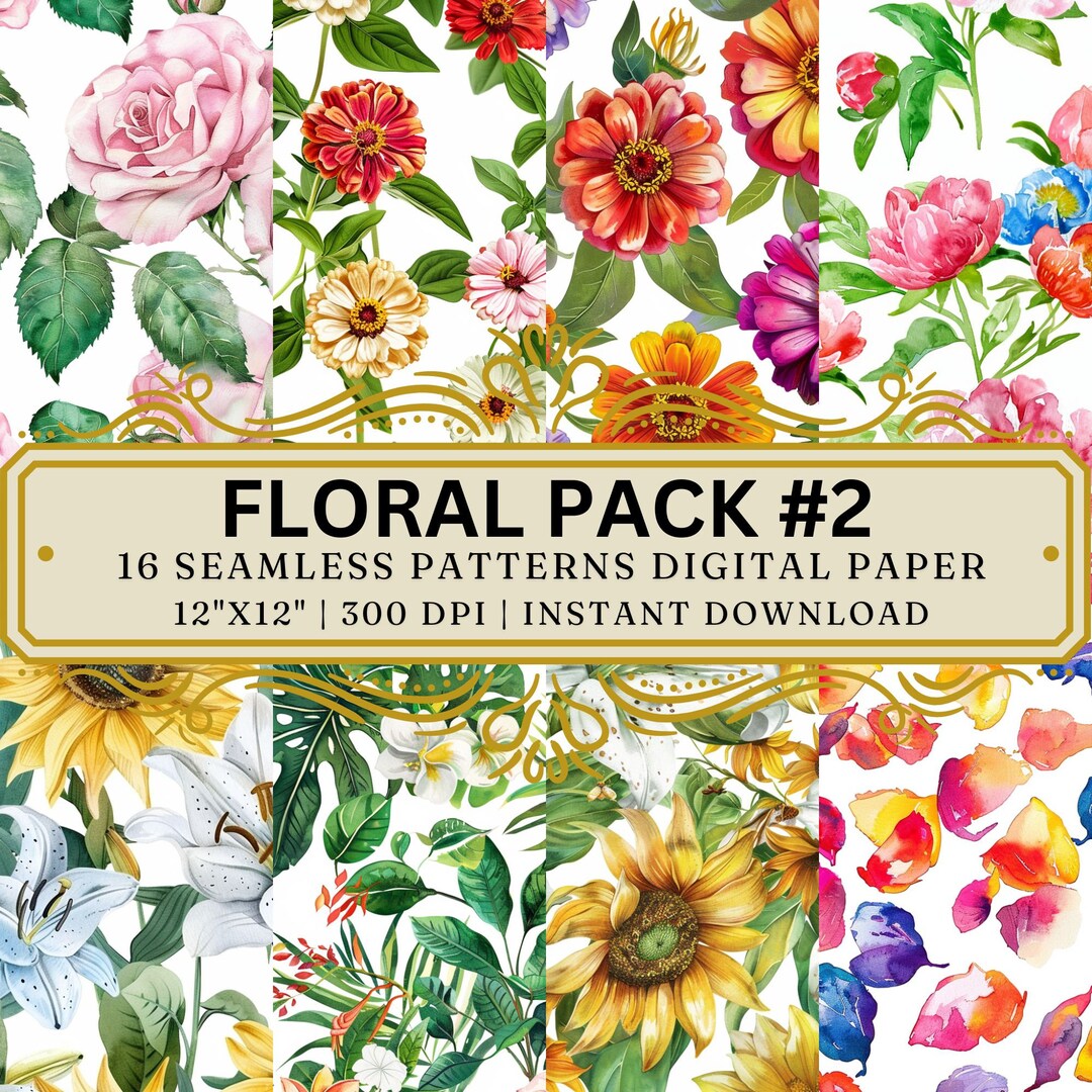 16 Watercolor Floral Pack #2 Printable Paper Floral Seamless Pattern ...