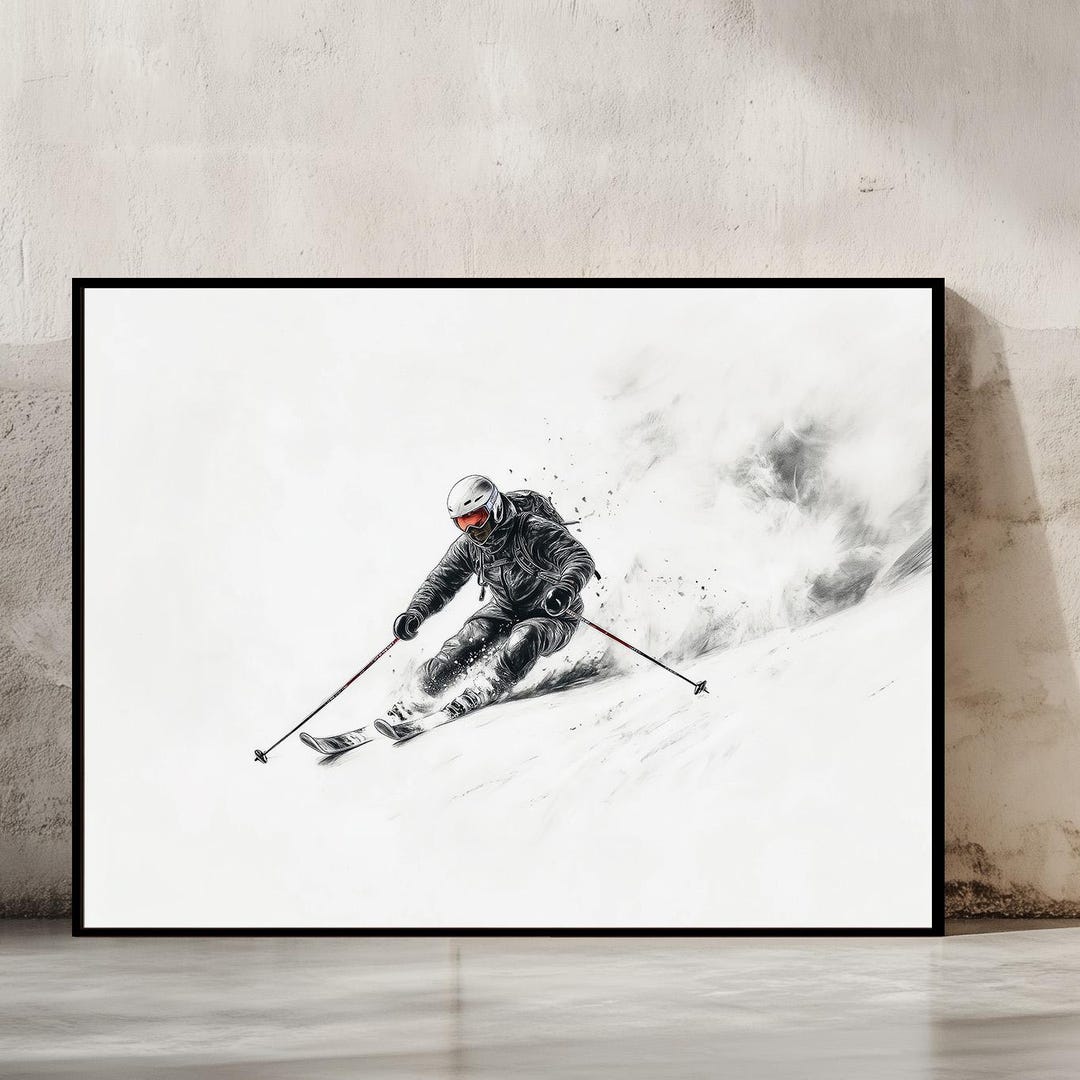 Skiing Winter Snow Pencil Drawing Print - Etsy