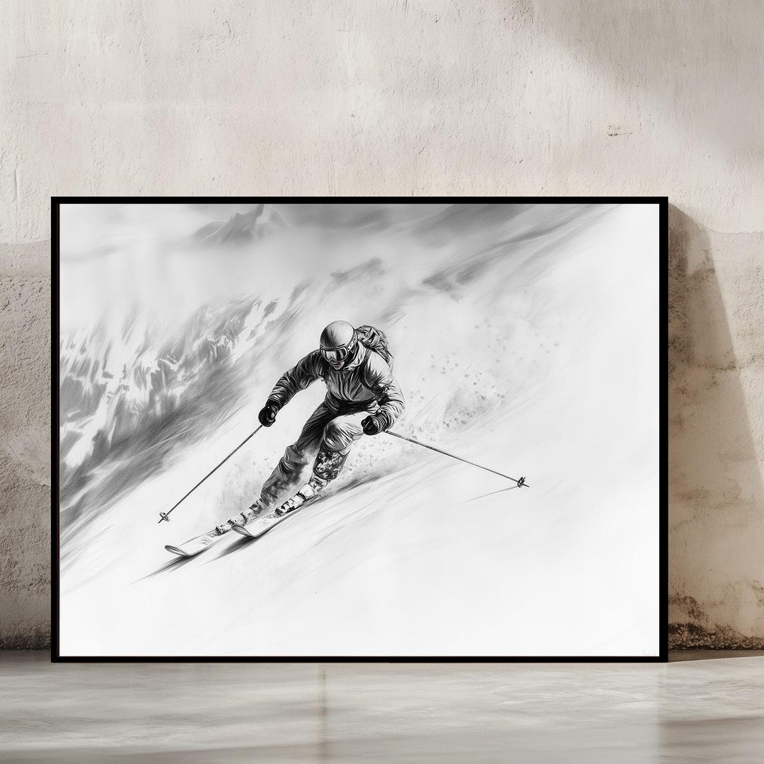 Skiing Winter Snow Pencil Drawing Print - Etsy