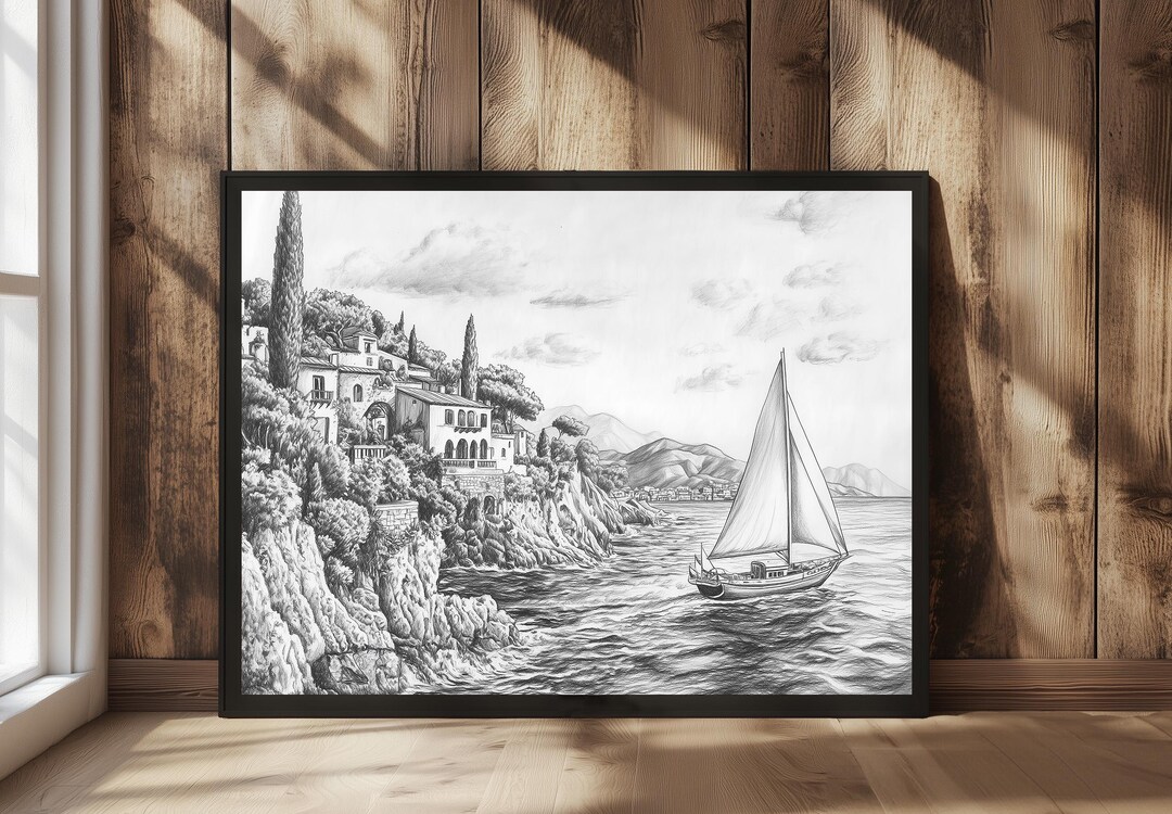 Mediterranean Sailing Pencil Drawing Print - Etsy