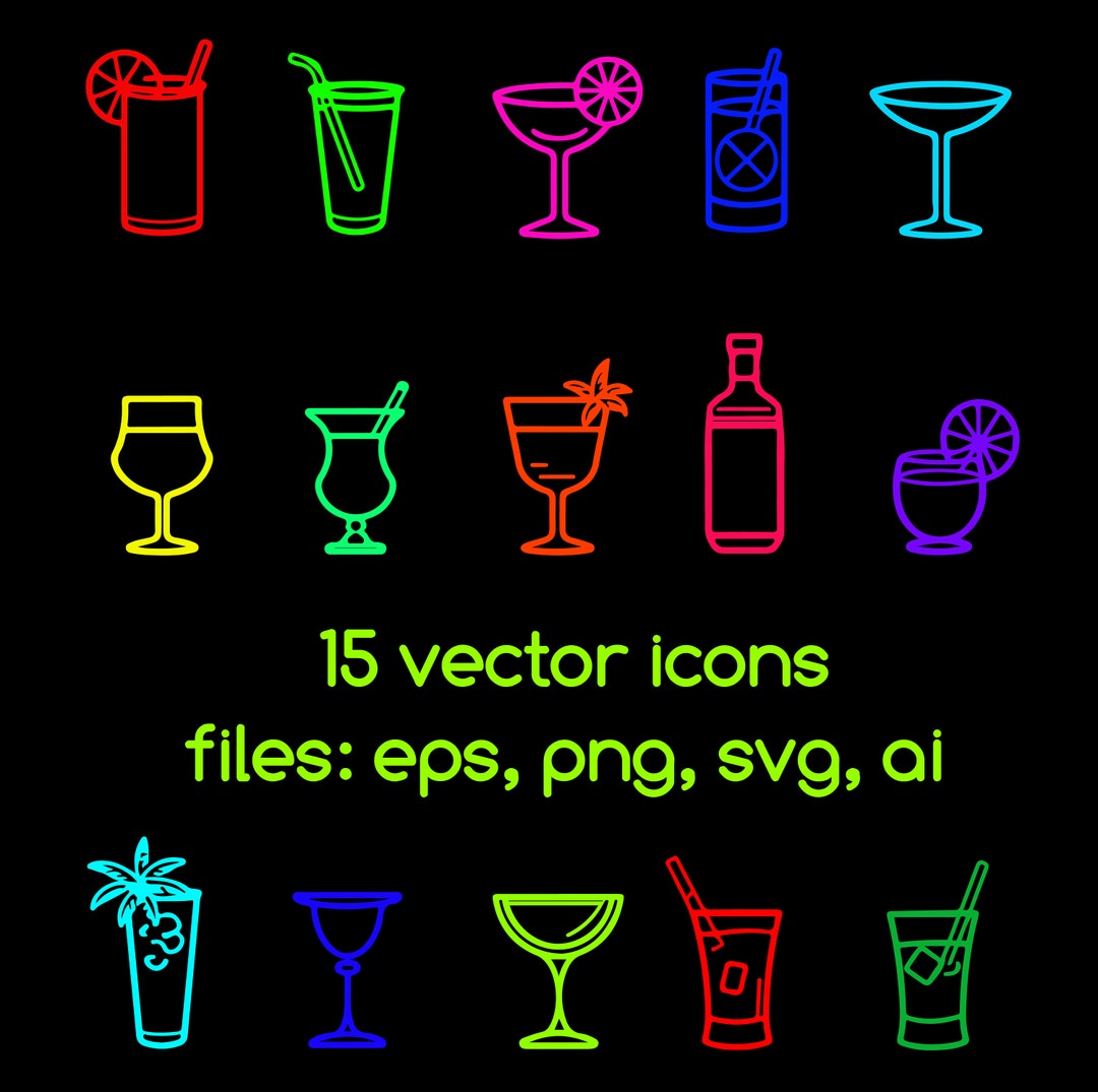 Vector Icons. Neon. Single-color Outline Icons. Cocktails. Drinks ...
