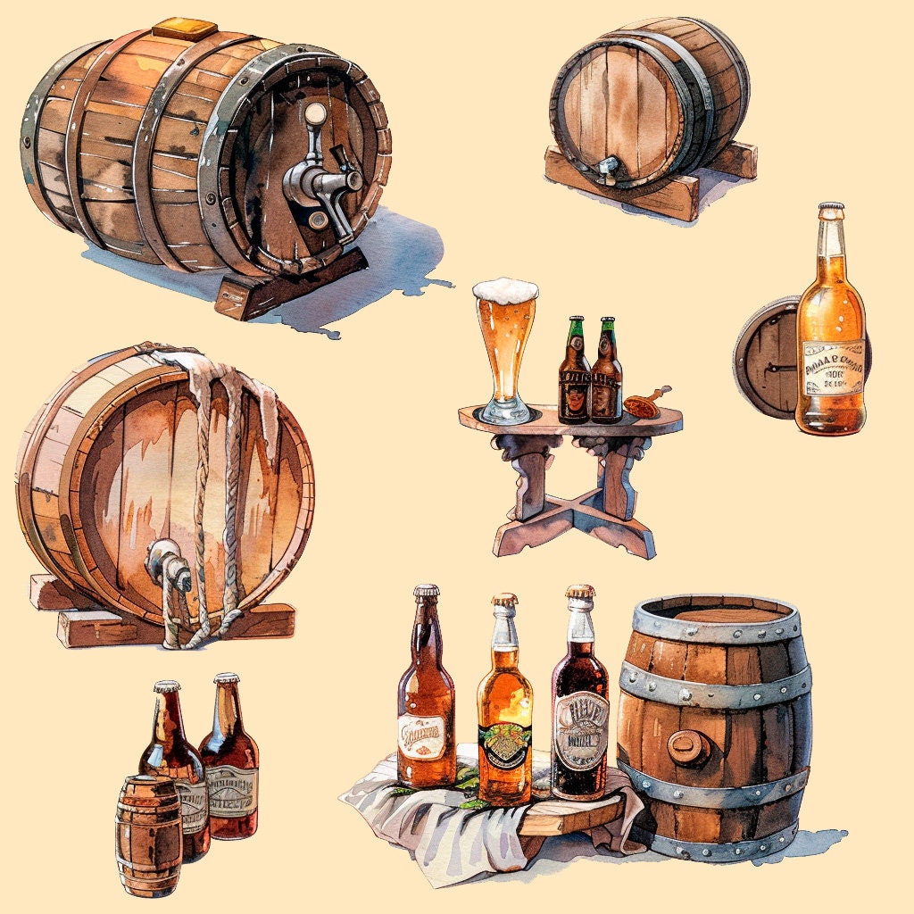 Watercolor Illustration With 21 PNG Elements Featuring Various Beer ...