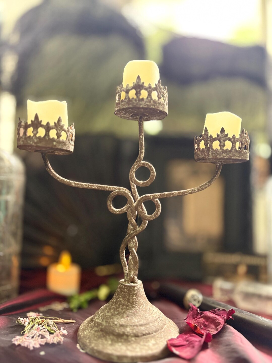 Mystical Candleabra - Rustic Witchy Decor, Antique Black Magic Candle ...