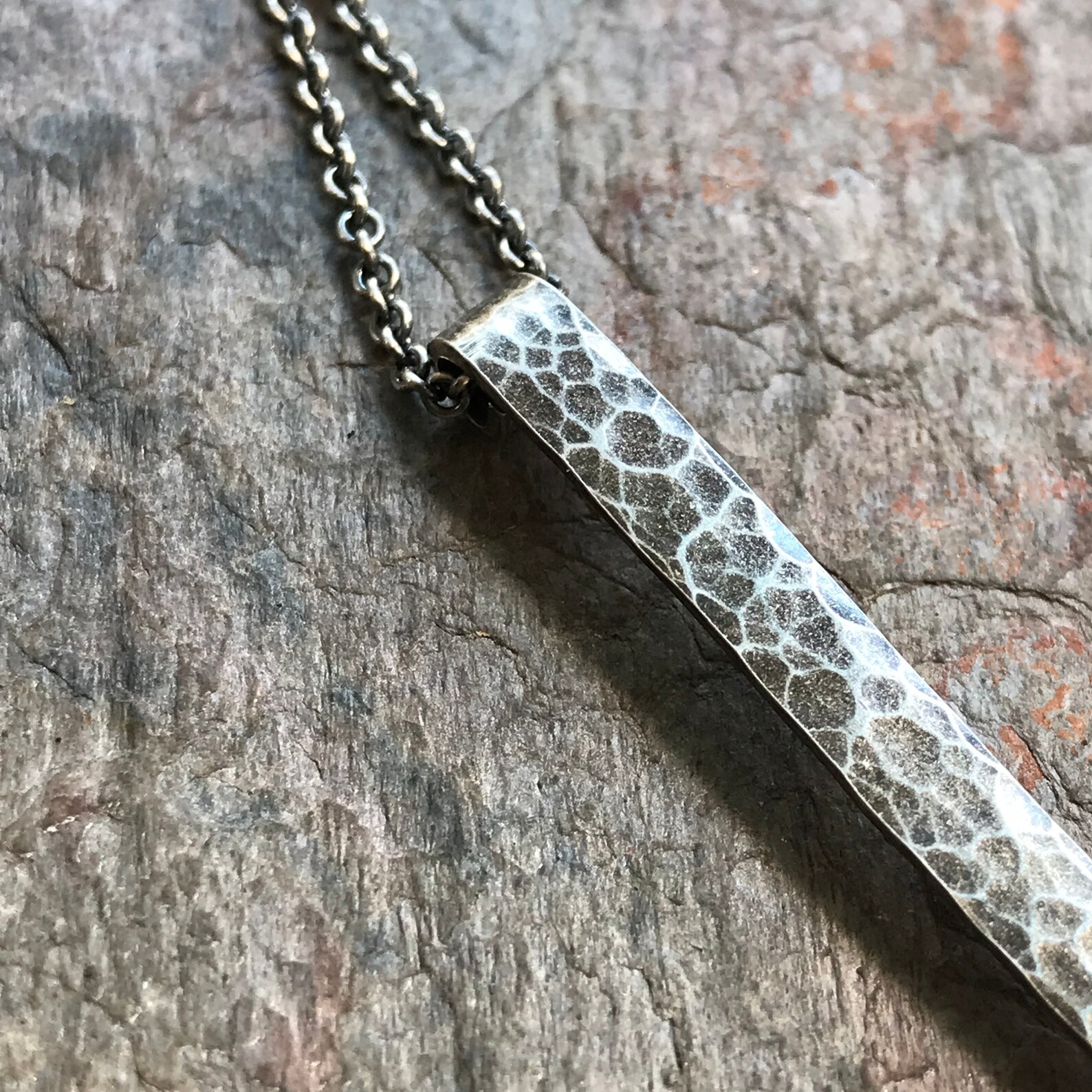 Long Sterling Silver Bar Necklace - Handmade Hammered Sterling Silver ...