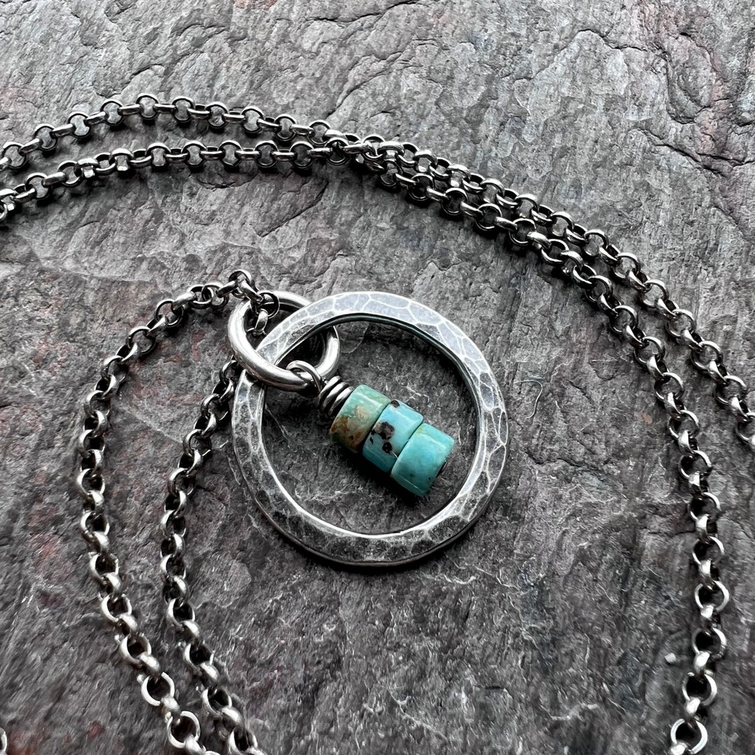 Turquoise Sterling Silver Necklace - Genuine Turquoise in Hammered ...