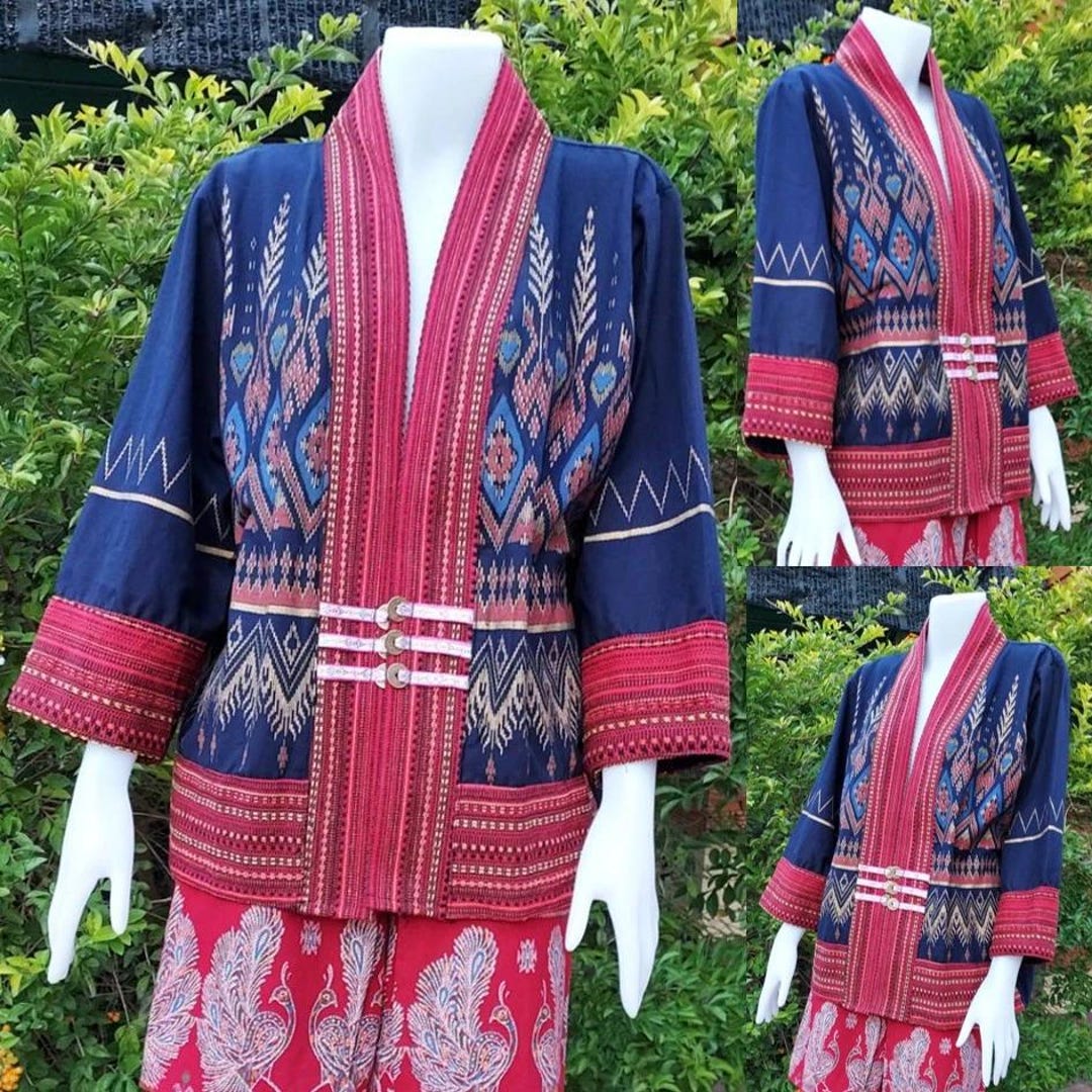 Chest 50" - Thai Lanna Cotton Jacket - Thai Traditional Cotton Top ...