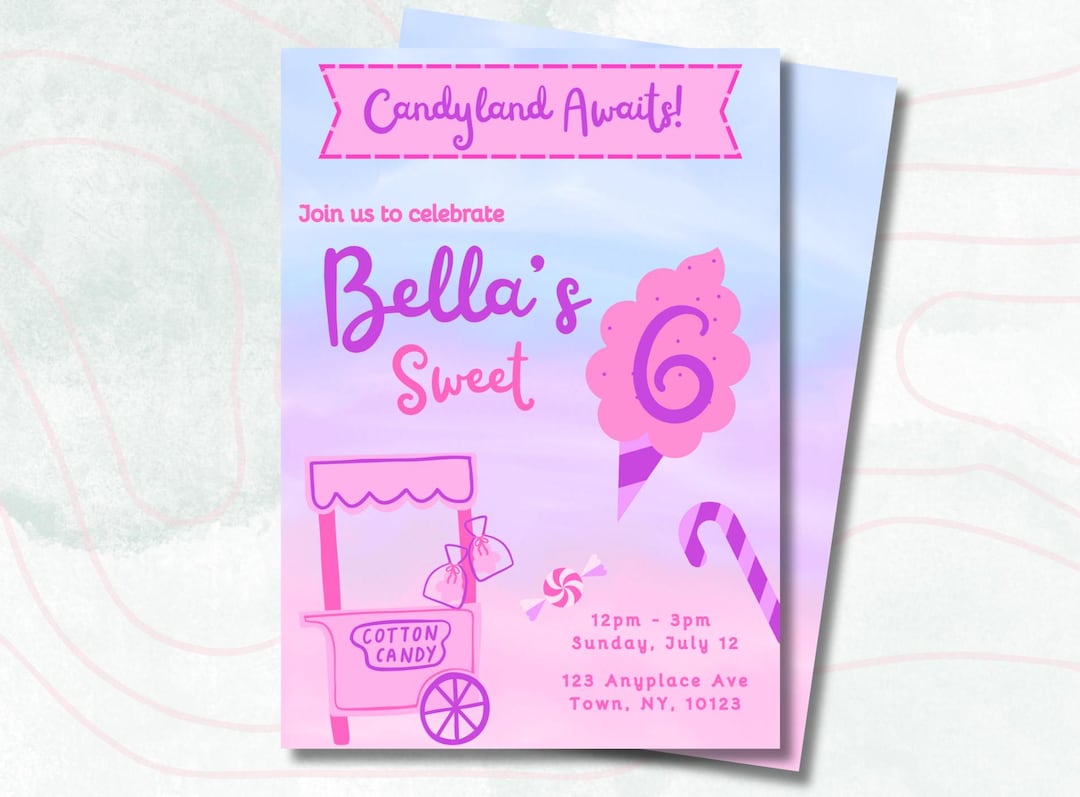 Candyland Birthday Party Invitation, Cotton Candy Themed, Pink and ...
