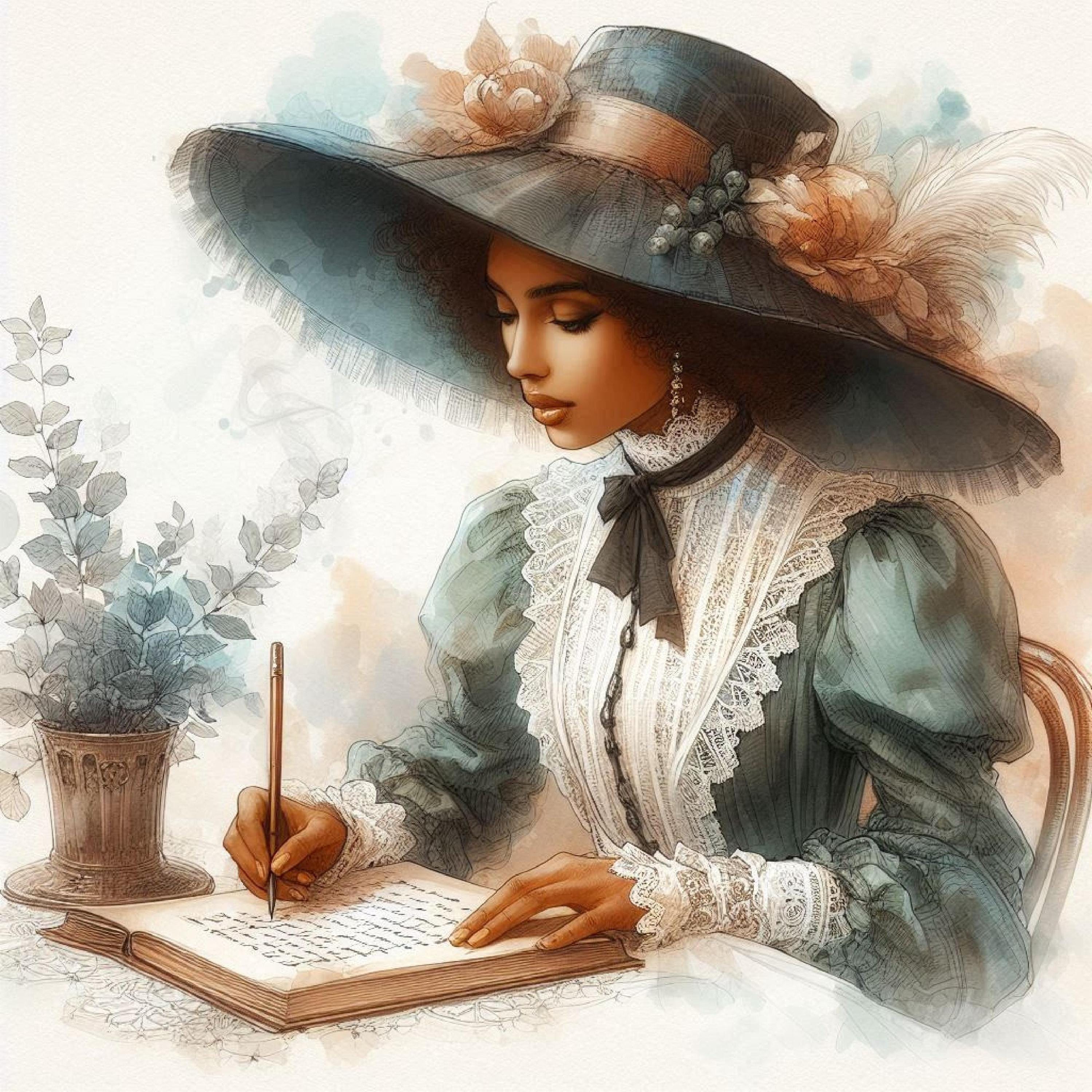 Victorian Lady Hat Writing in Diary: Watercolor Style Digital Images ...