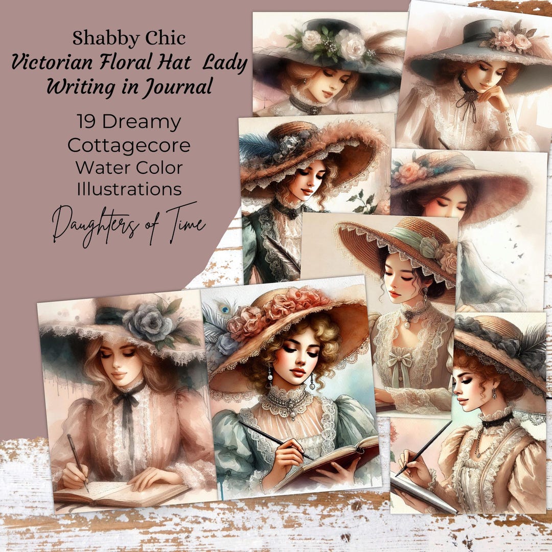 Victorian Lady Hat Writing in Diary: Watercolor Style Digital Images ...