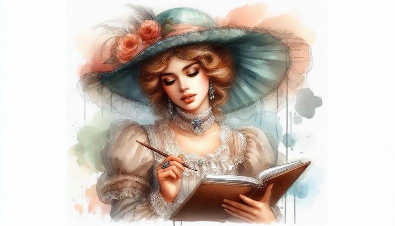 Victorian Lady Hat Writing in Diary: Watercolor Style Digital Images ...