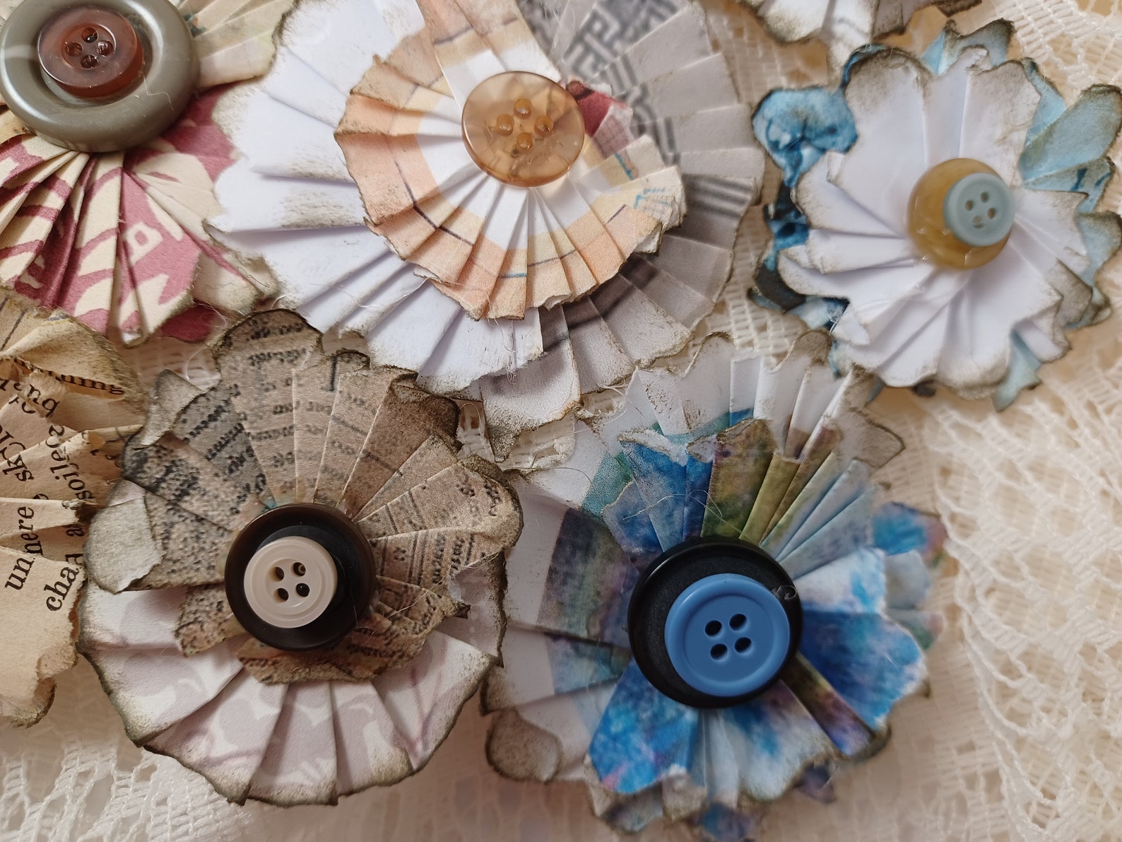 10 Paper Ruffled Flowers With Button Centers, Perfect Decoration for ...