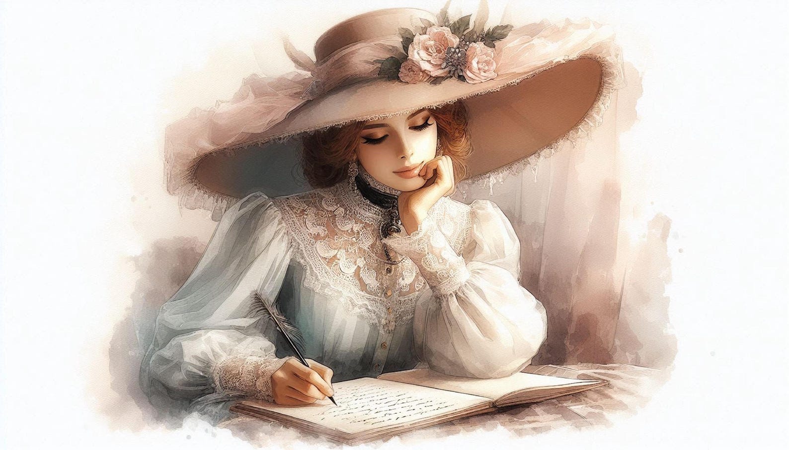 Victorian Lady Hat Writing in Diary: Watercolor Style Digital Images ...