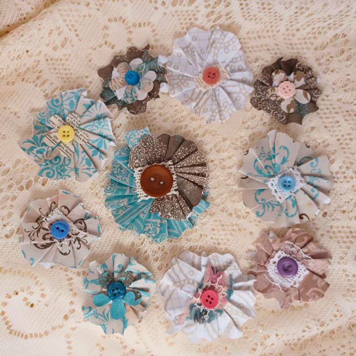10 Handmade Paper Ruffled Flowers With Button Centers, Decoration for ...