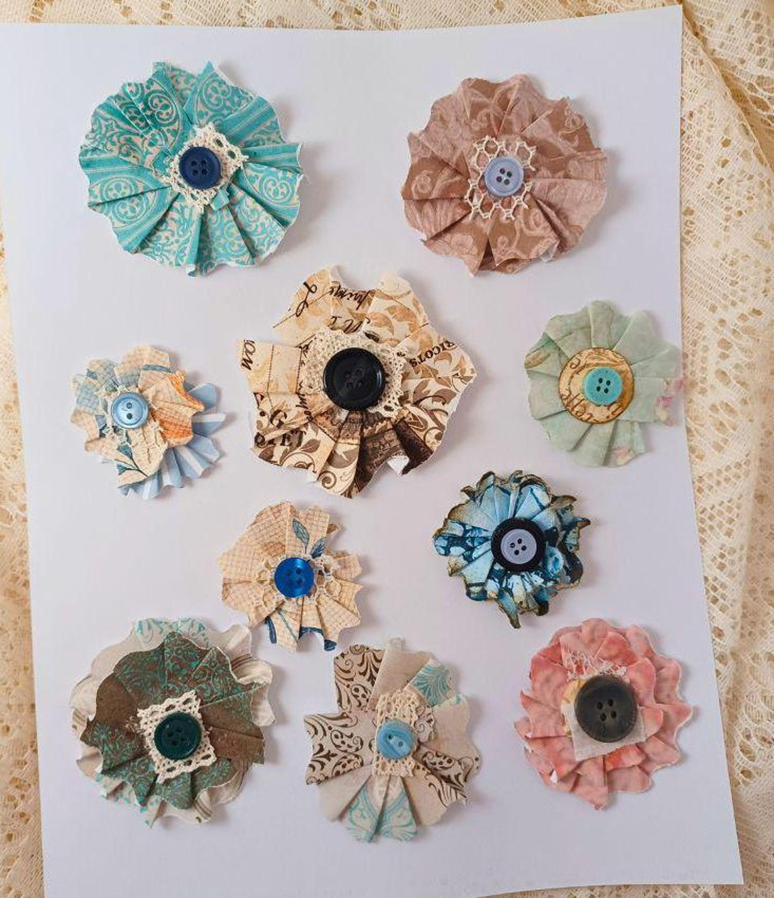 10 Handmade Paper Ruffled Flowers With Button Centers, Decoration for ...