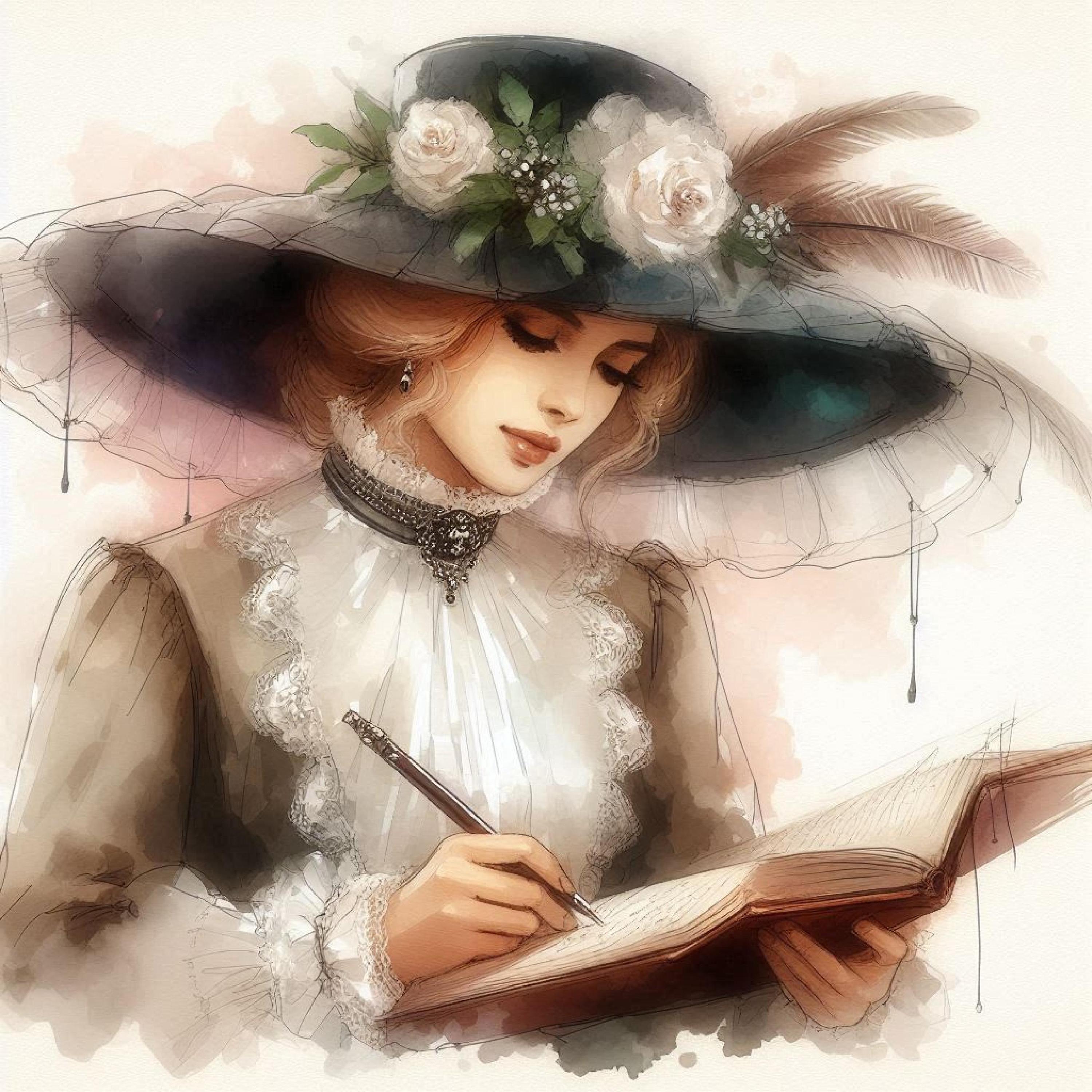 Victorian Lady Hat Writing in Diary: Watercolor Style Digital Images ...