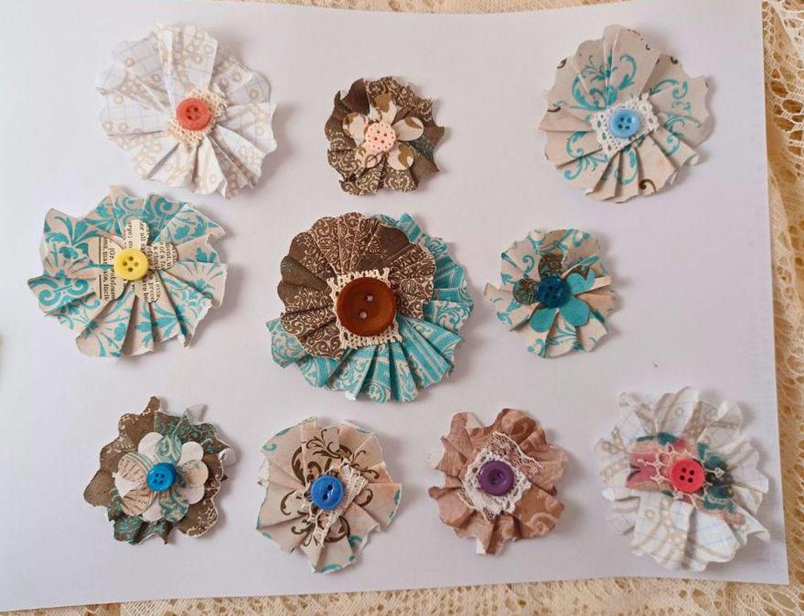 10 Handmade Paper Ruffled Flowers With Button Centers, Decoration for ...