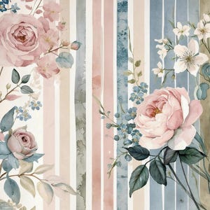 Shabby Chic Rose Digital Paper: Vintage Floral Stripe Backgrounds ...