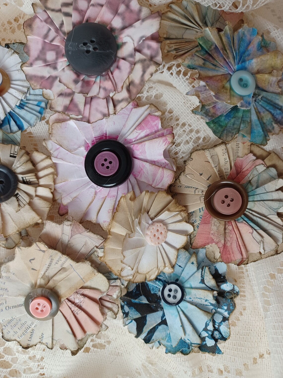 10 Paper Ruffled Flowers With Button Centers, Perfect Decoration for ...