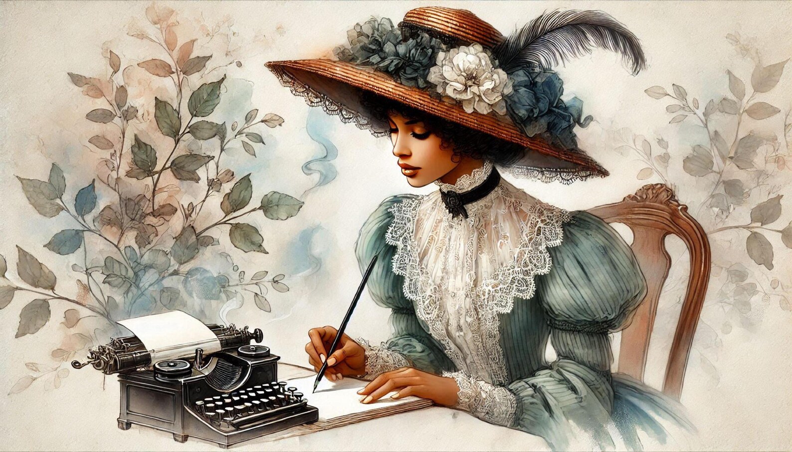 Victorian Lady Hat Writing in Diary: Watercolor Style Digital Images ...