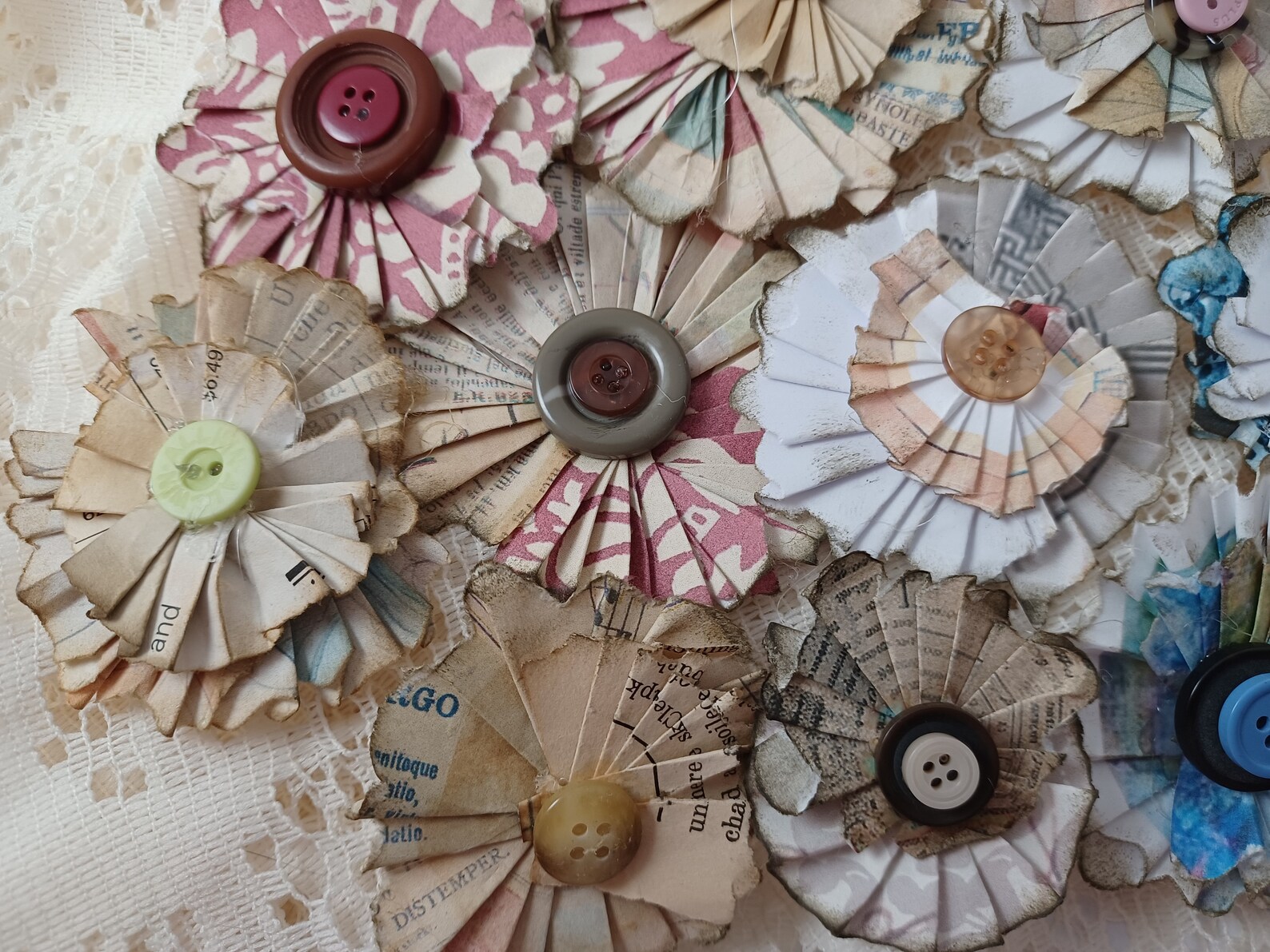10 Paper Ruffled Flowers With Button Centers, Perfect Decoration for ...