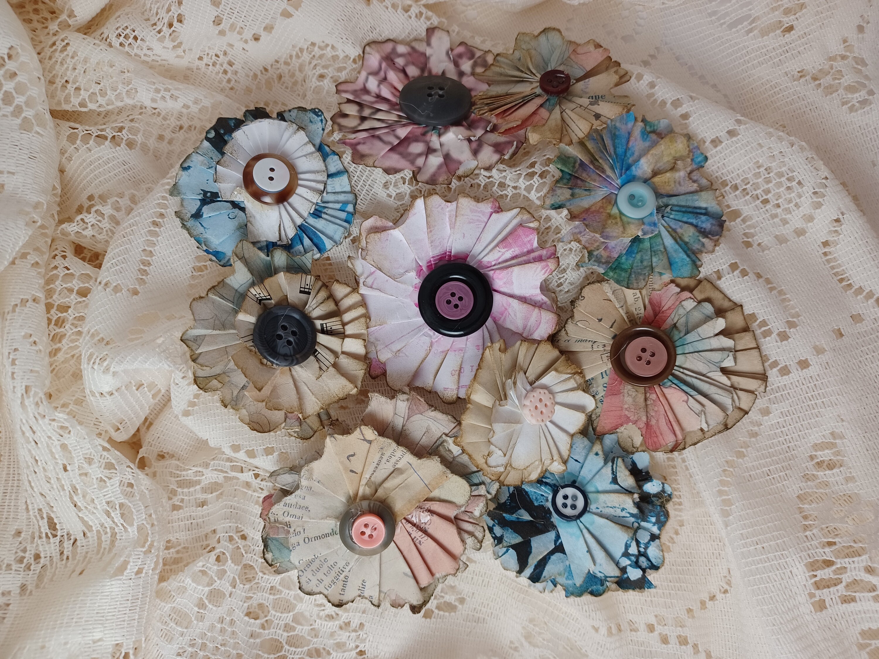10 Paper Ruffled Flowers With Button Centers, Perfect Decoration for ...
